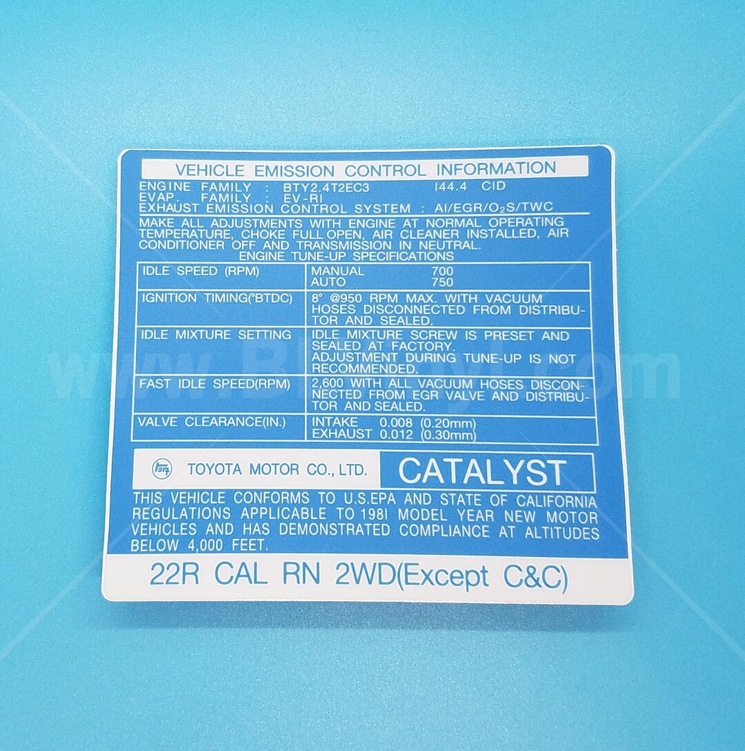 1981 22R Vehicle Emission Control Information Decal (CAL RN 2WD) - Etsy