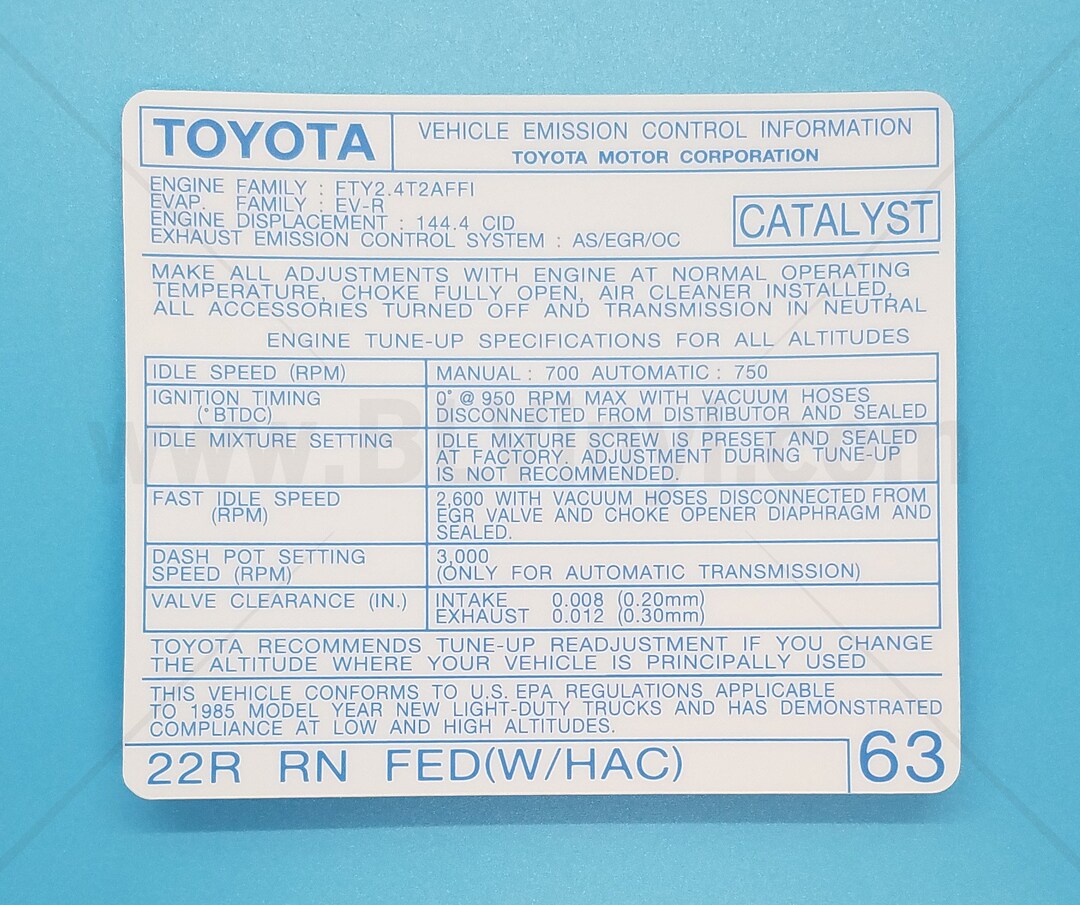 1985 22R Vehicle Emission Control Information Decal (RN FED W/hac) - Etsy
