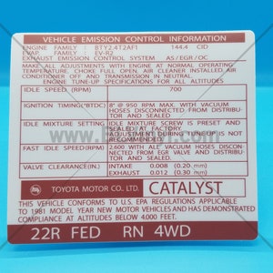 1981 22R Vehicle Emission Control Information Decal (FED RN 4WD) - Etsy