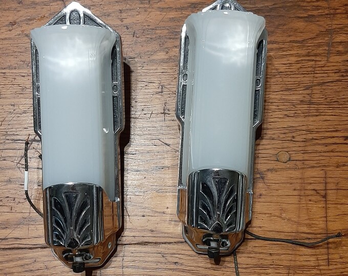 Pair Art Deco Slip Shade Wall Sconces, Silver/white/black Motif, Each ...
