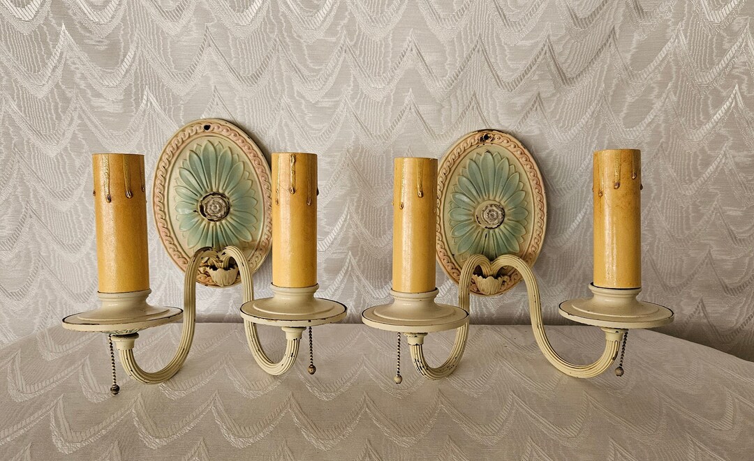 Dual Candle Sconces, Pair, Original Paint, External Pull Chain Switches ...