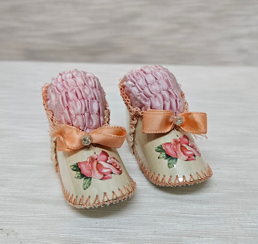 Baby Shoe Pin Cushions, Laminated Paper, Silk Gathered Cushion, Tatted ...