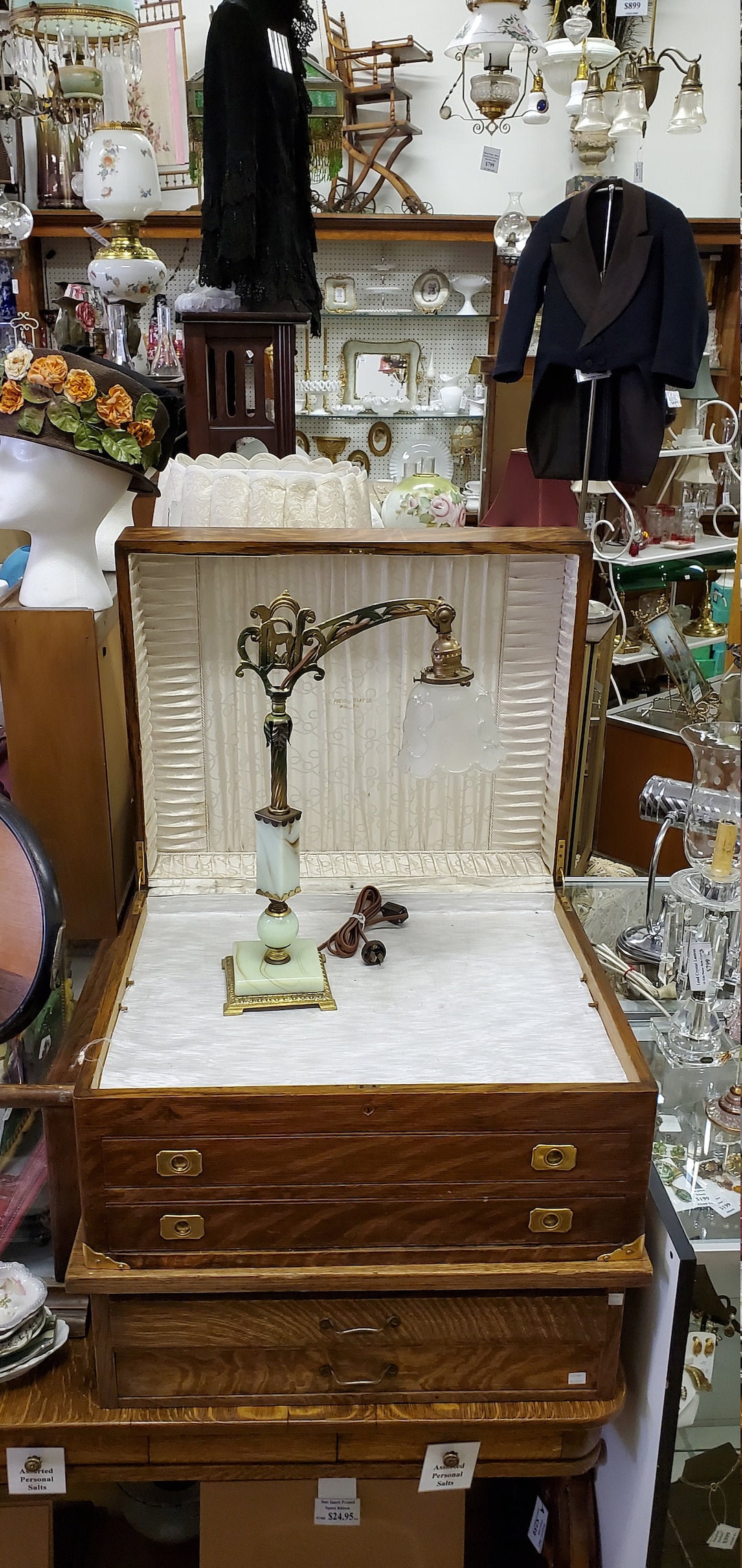 Table Top/desk Bridge Lamp W/3 Jadite Housex Accents, Nu Brown Silk, in ...