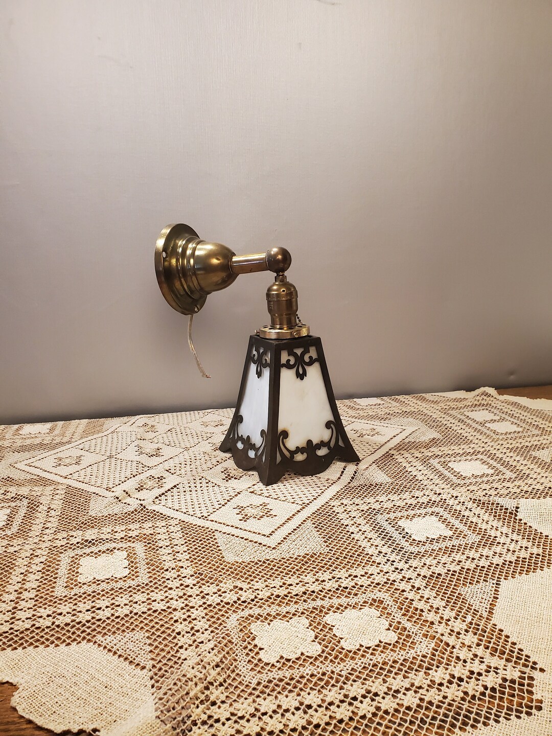 Brass Wall Sconce, Edison Pull Chain Socket, Rewired, Brass Framed Slag ...