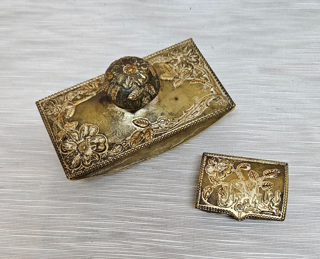 Victorian Ink Blotter/stamp Box, Pressed Brass, Stamp Box Lid Embossed ...