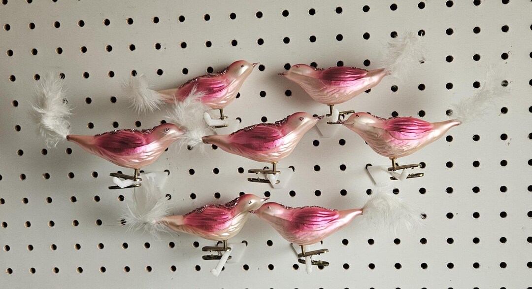 7 Glass Bird Ornament Clips, Pink and Burgandy With Gold Glitter and ...