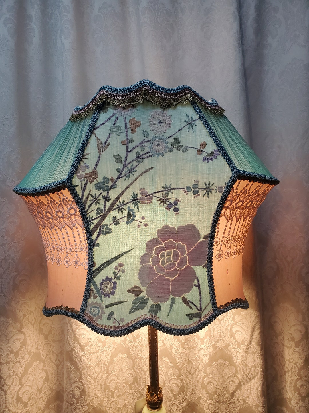 Victorian Lamp Shade, Original Frame, Embroidered Silk, Crinkle Brass ...