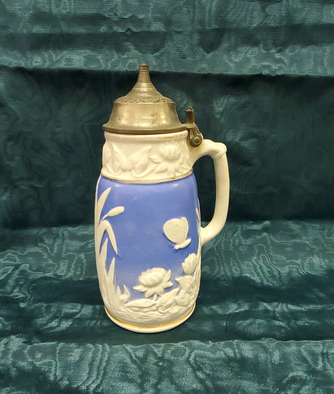 Jan. 23, 1873 Blue Cattails Ceramic Syrup Pitcher, Pewter Lid, Bennett ...