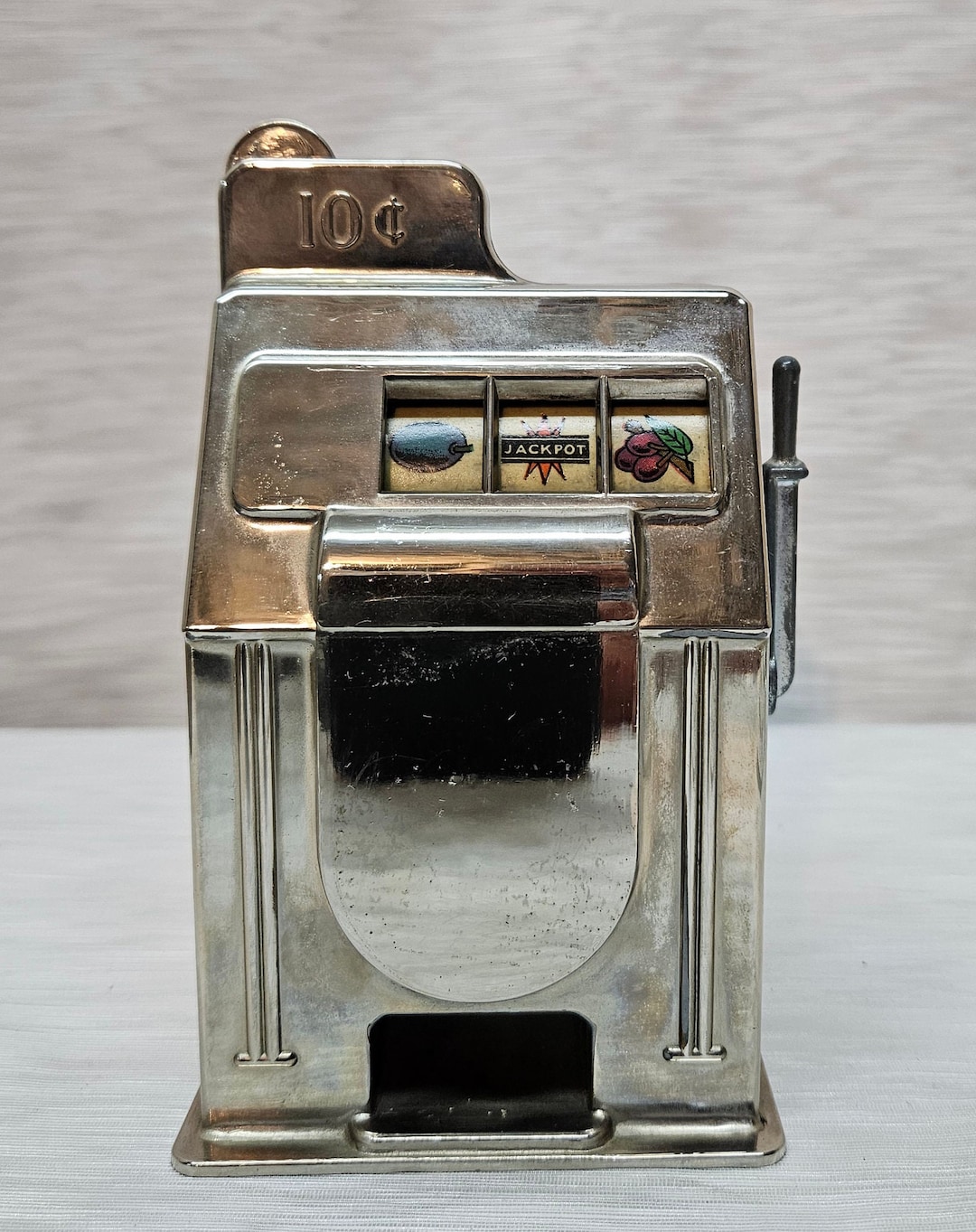 10 Cent Slot Machine Toy Bank, Nickel Plated, 5.75 Tall X 3.5 Wide X 2. ...