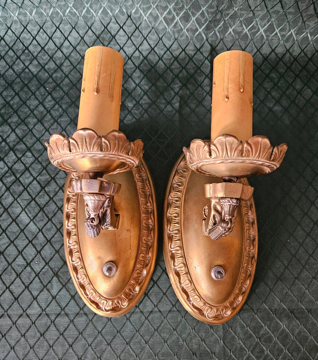 Pair Wall Sconces, Pressed Brass Backplate and Bobesch, External Puah ...