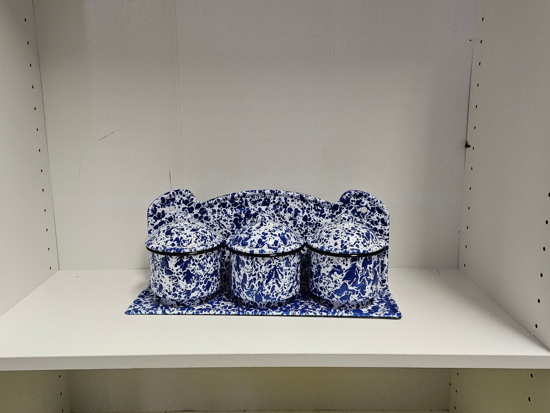 Blue Graniteware, Swirl, Splatter, Enamelware, 3 Canisters With Lids ...