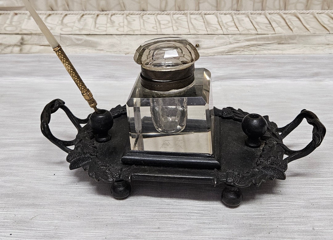 Cast Iron Ink Stand With Crystal Flip Top Ink Well, 2 Pen Holders - Etsy