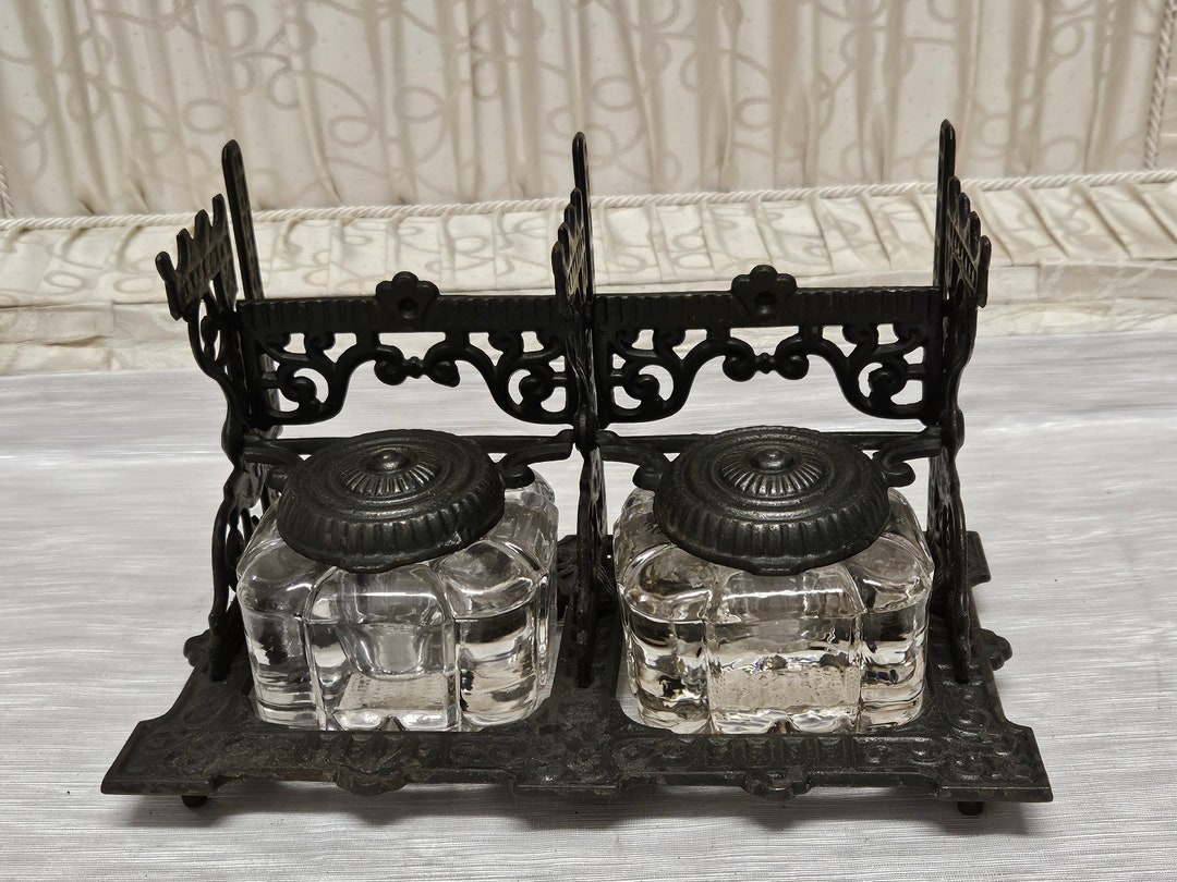 Cast Iron Ink Stand With Letter and Pen Holders, Crystal Wells With ...