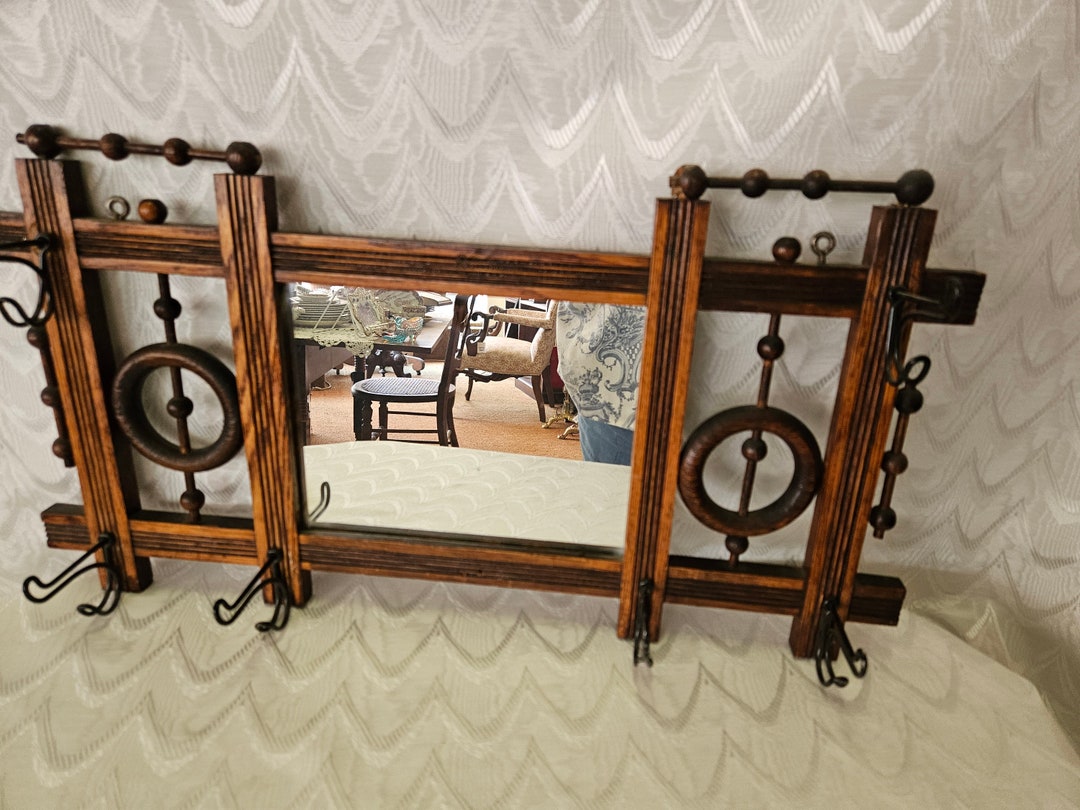 Oak Wall Mount Stick and Ball Hat and Coat Rack, 6 Wire Hooks, Replaced ...