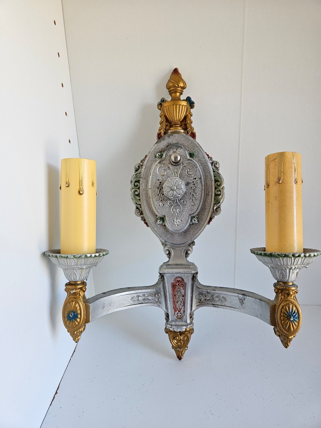Art Nouveau 2 Candle up Sconces, Riddle Co. Design, Cast Aluminum, Made in USA, External Switch ...