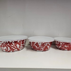 Red Graniteware, Swirl, Splatter, Enamelware Set of 3 Nesting Storage ...