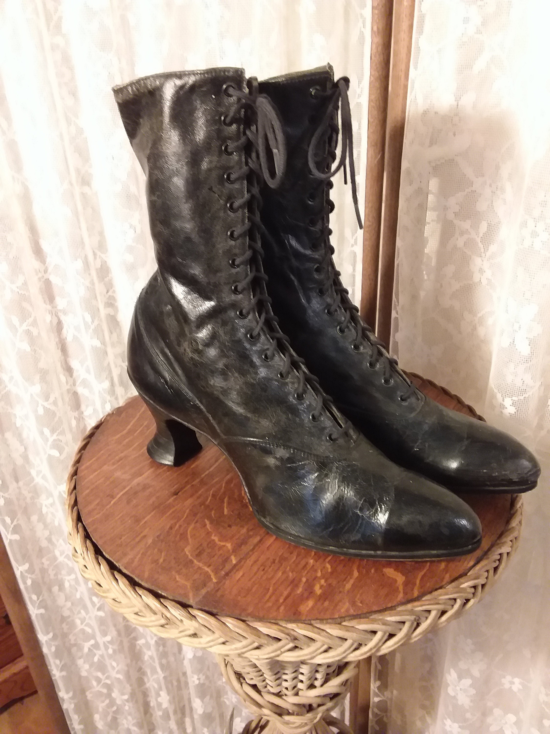 Women's Victorian Black Leather Lace Up Shoes Ca | Etsy