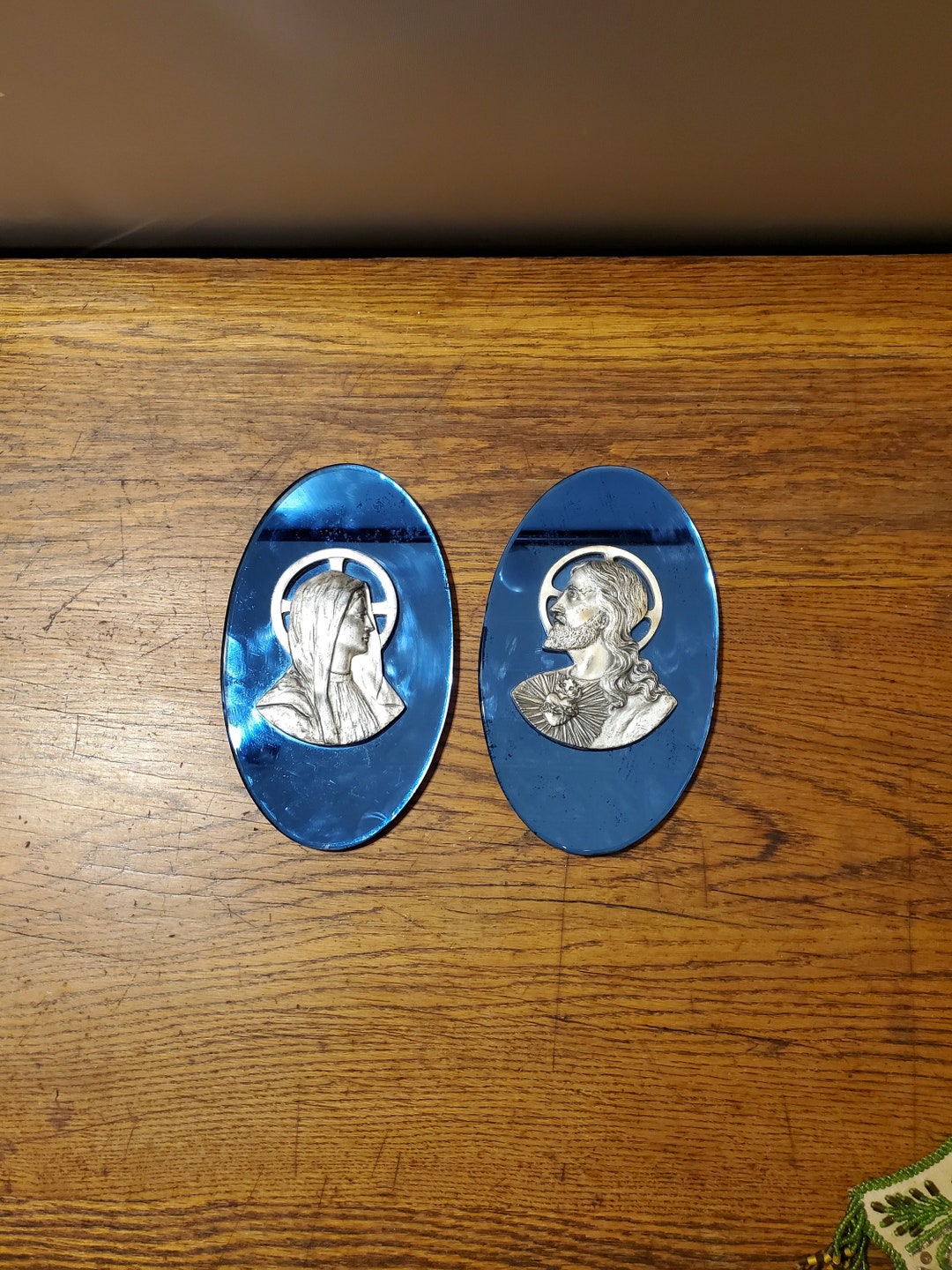 Pair Mary and Jesus Cobalt Oval Mirror Plateau Wall Hanging, Metal ...