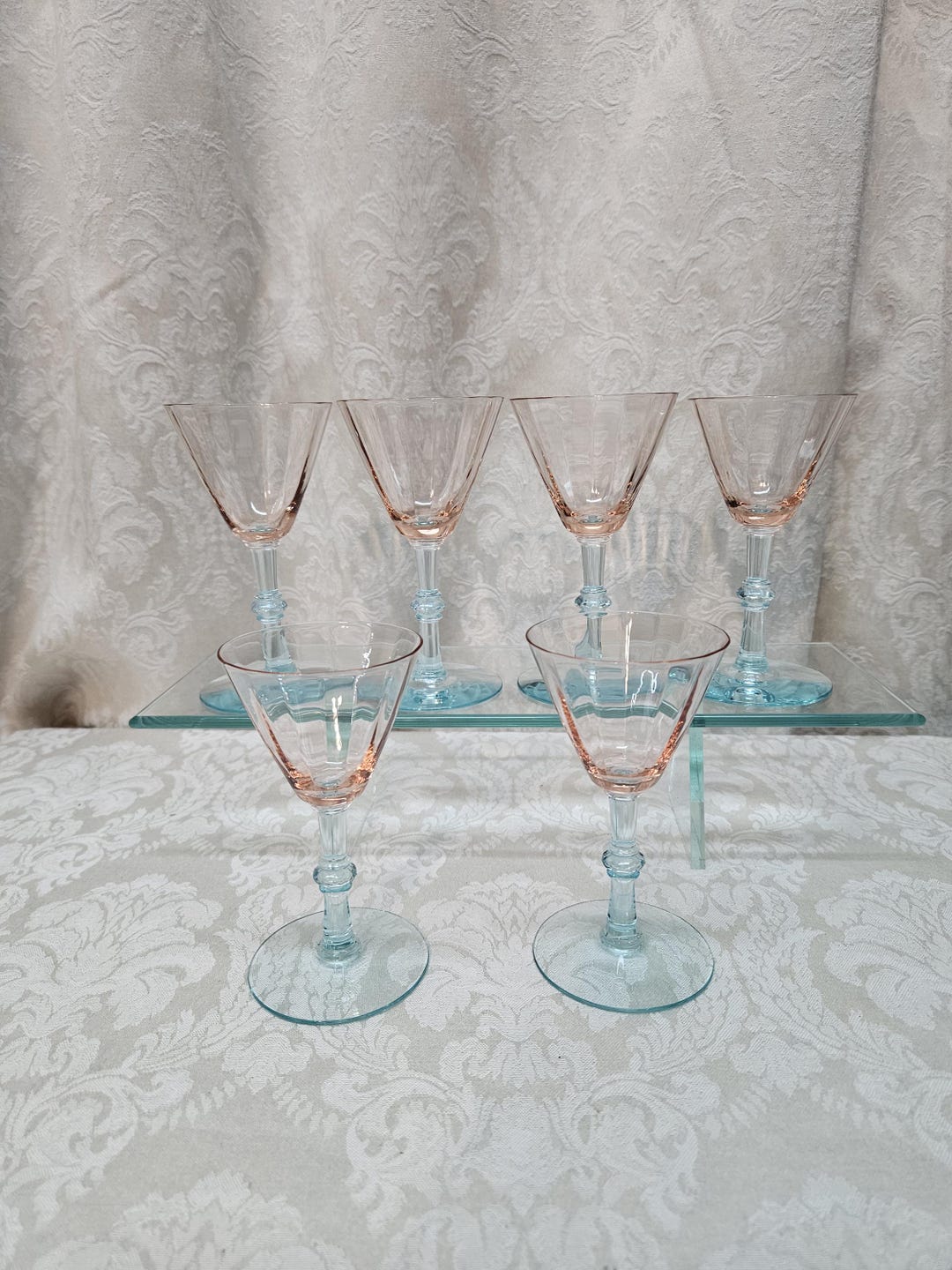 Six Two Color Wine Glasses, Delphite Blue Base and Stem, Pink Bowl, 2.5 ...