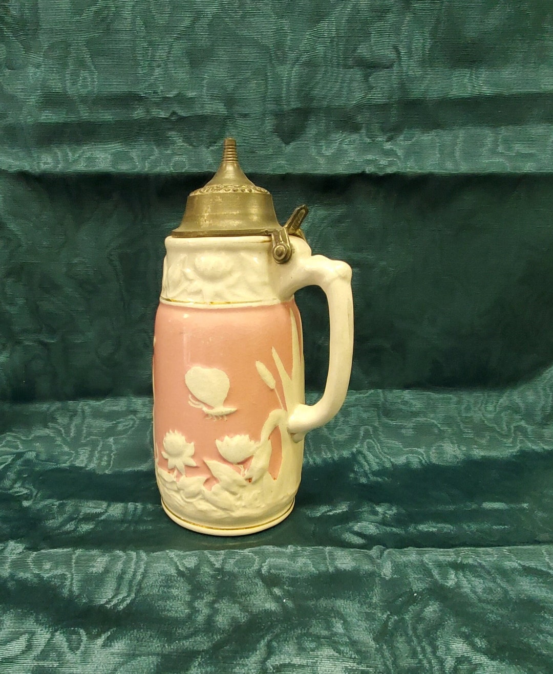Jan. 23, 1873 Pink Cattails Ceramic Syrup Pitcher, Pewter Lid, Bennett ...