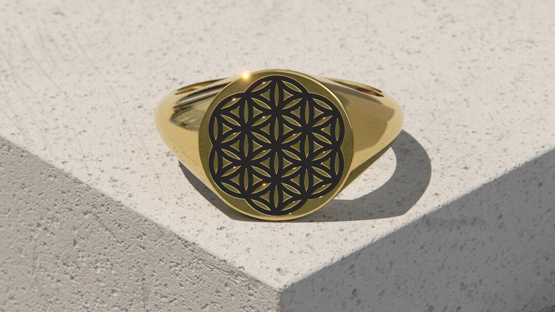 Solid 9ct Gold Flower of Life Signet Ring With Black Enamel ...