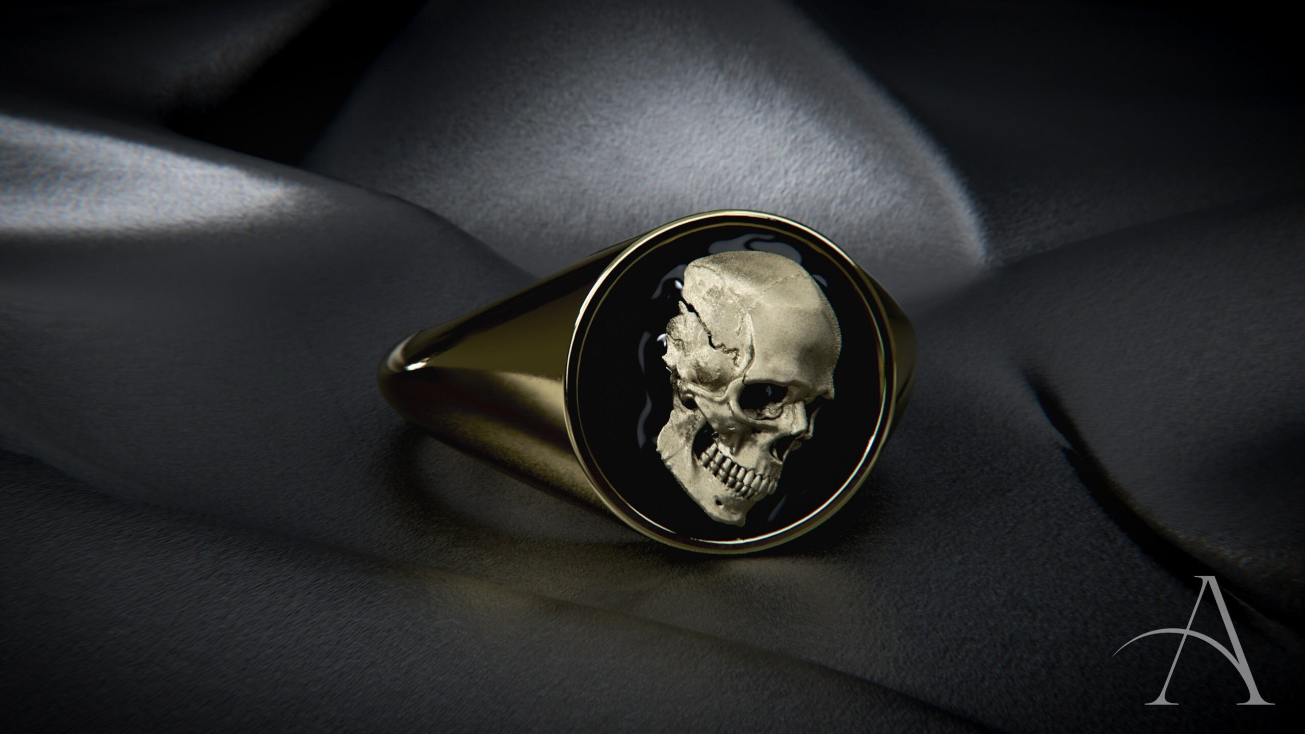 Solid 9ct Gold Skull Signet Ring With Black Enamel Skull - Etsy