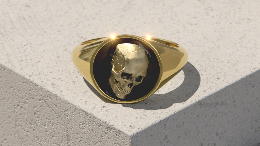 Solid 9ct Gold Skull Signet Ring With Black Enamel – Handcrafted ...