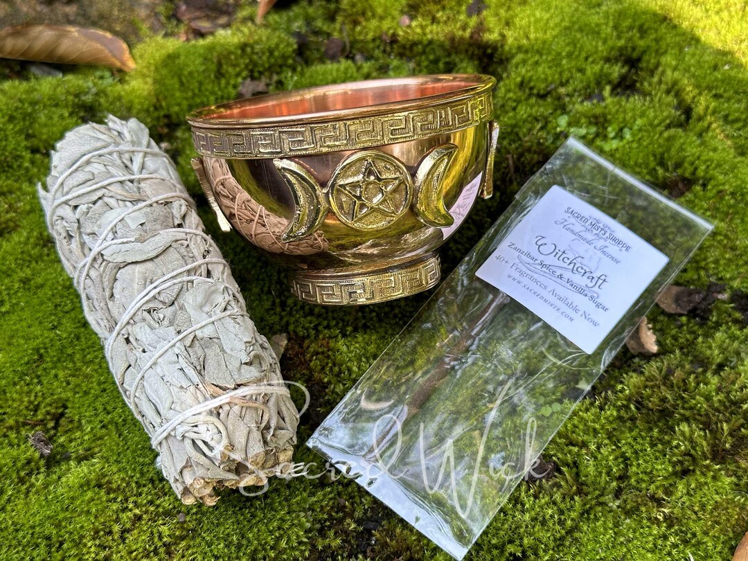 Triple Goddess Pentacle Copper Bowl Kit With Organic White Sage Smudge ...