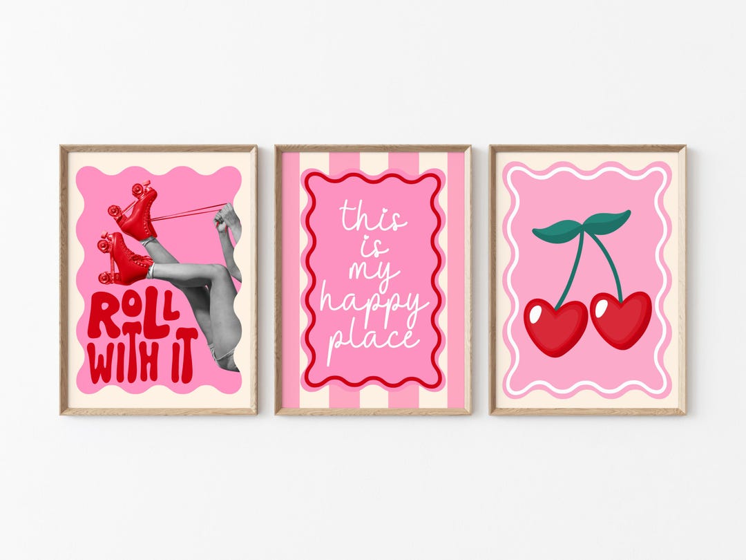 Pink and Red Wavy Wall Print Trio | Trending Posters | Mirrorball Funky ...