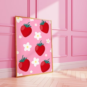 Cute Heart Strawberry Flower Pattern Wall Print | Cherry Art Digital ...