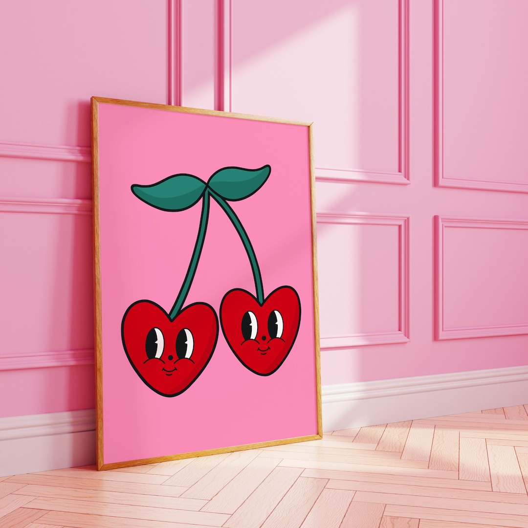 Cute Cartoon Heart Cherries Wall Print | Cherry Art Digital | Pretty ...