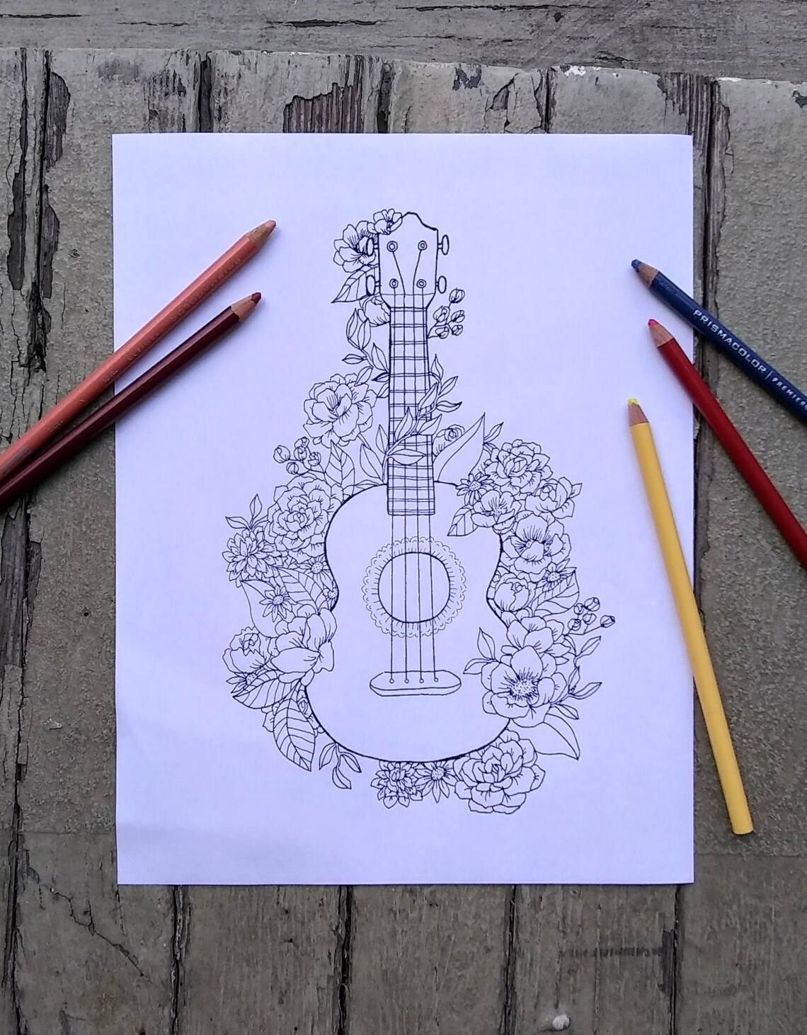 Floral Ukulele Printable Coloring Page - Etsy Canada