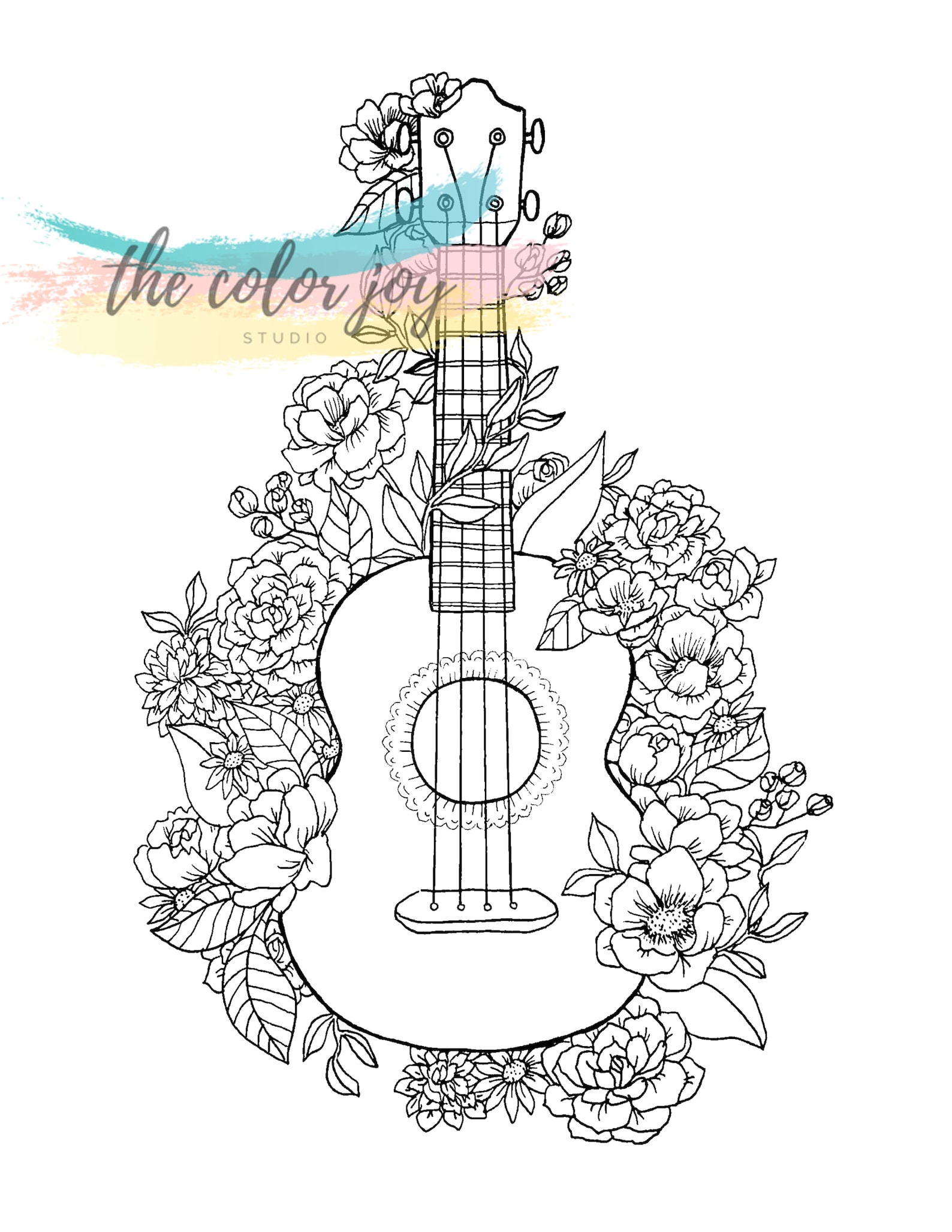 Floral Ukulele Printable Coloring Page - Etsy Canada