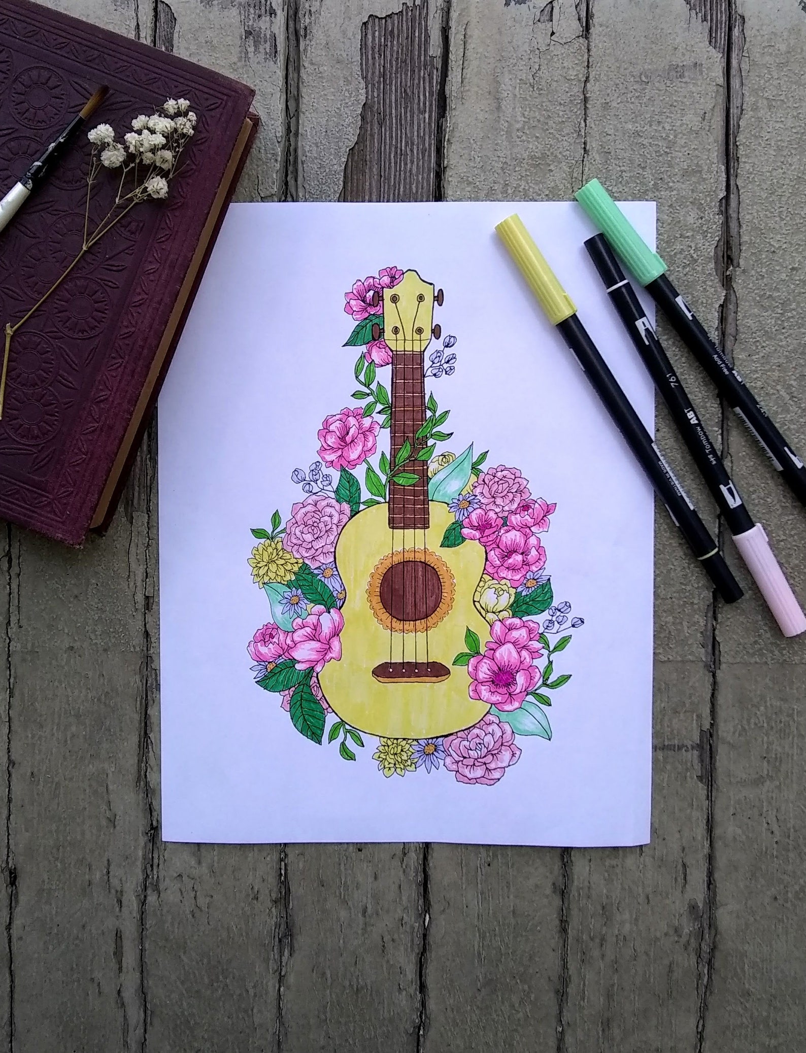 Floral Ukulele Printable Coloring Page - Etsy Canada