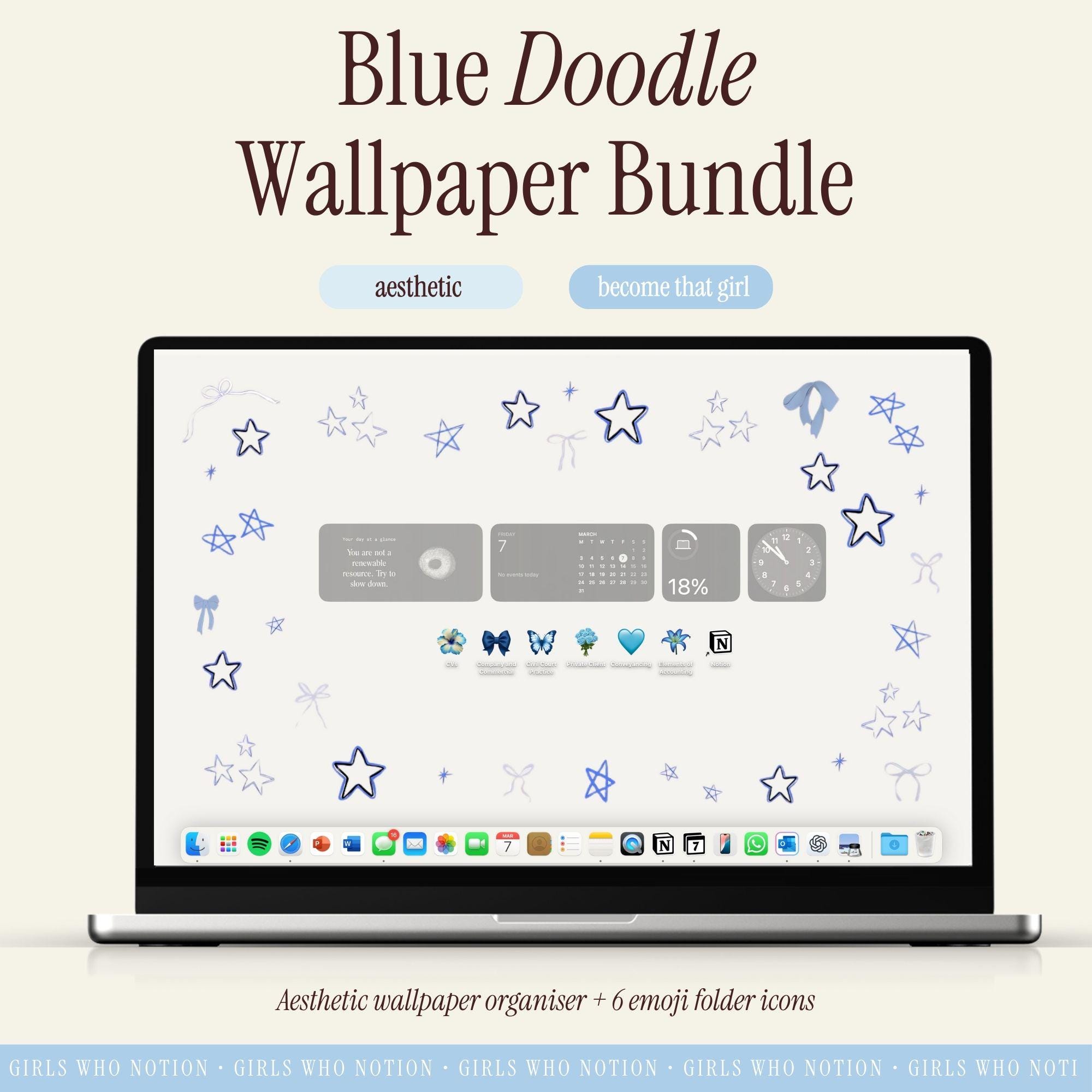 Aesthetic Blue Laptop Wallpaper Bundle | Hand-drawn Bows & Stars | Ios ...