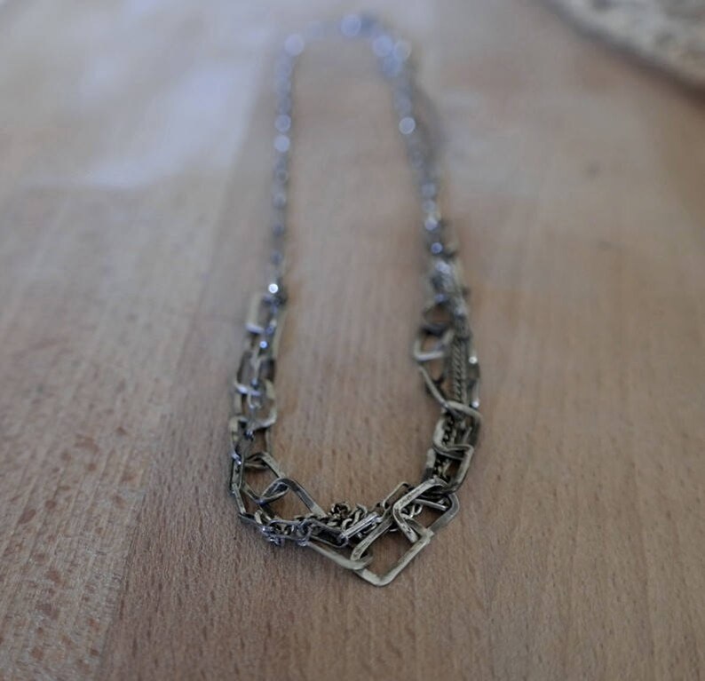 Raw Silver Necklace Handmade Chain Oxidized Hammered Chain - Etsy