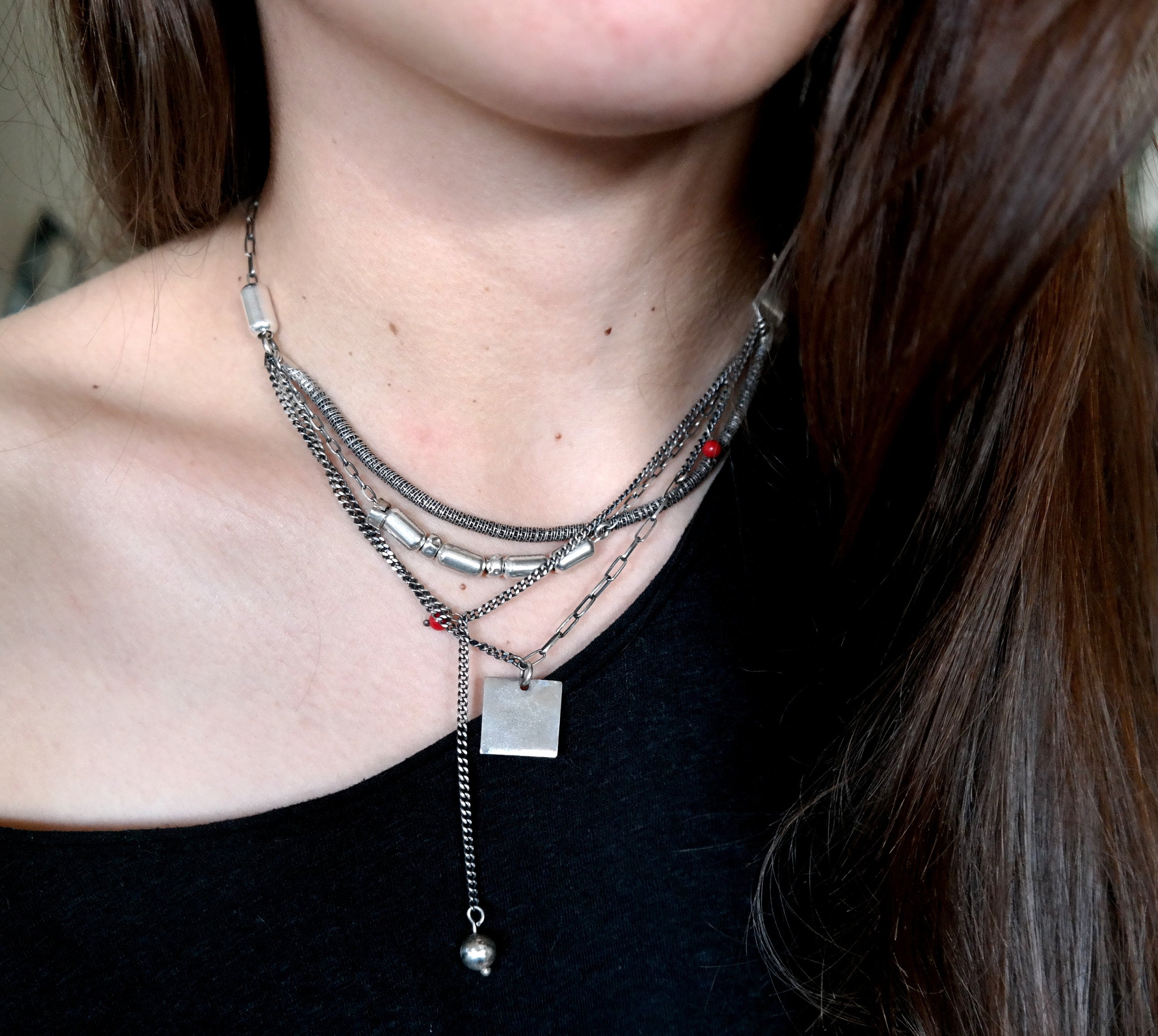 Sterling Silver Necklace Square Pendant Necklace Red Balls - Etsy