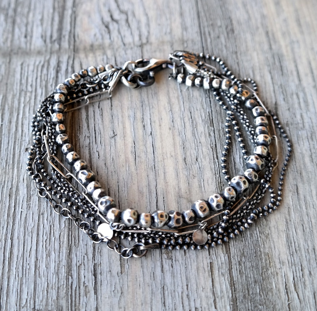 Multi Strand Sterling Silver Bracelet, Ball Chains, Beaded Bracelet ...