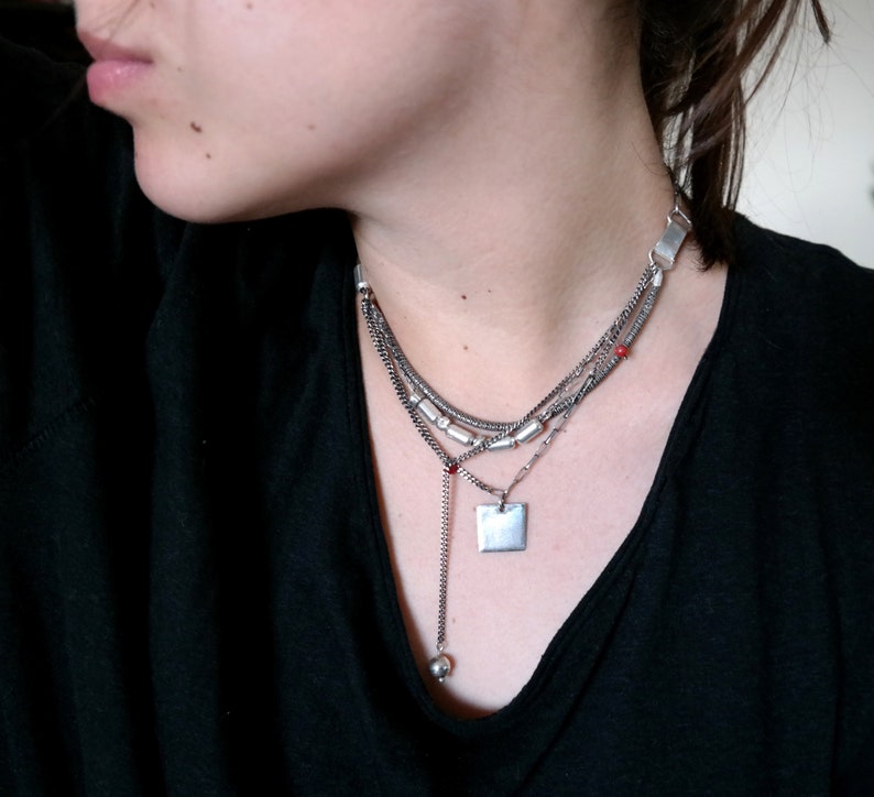 Sterling Silver Necklace Square Pendant Necklace Red Balls - Etsy