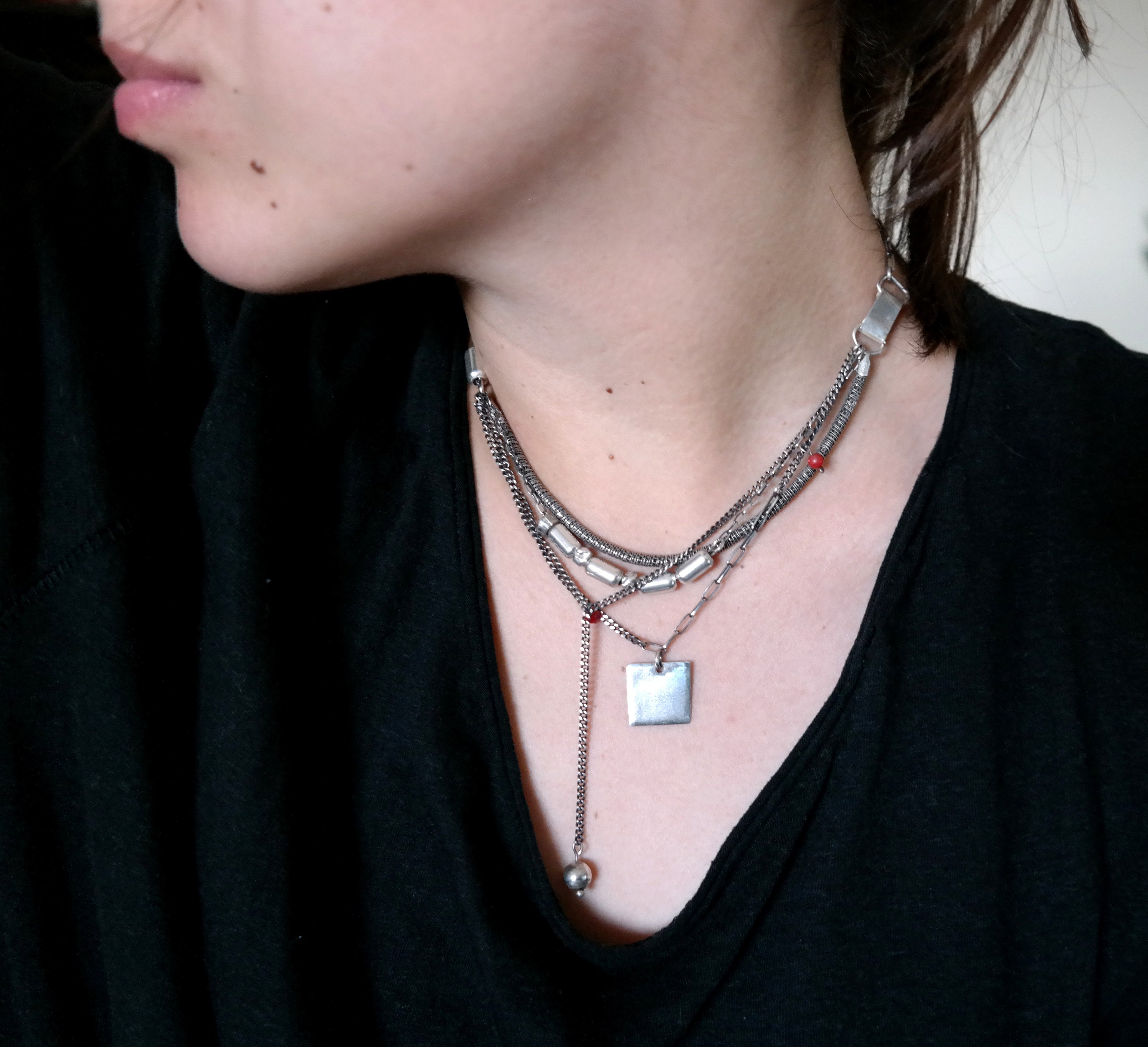 Sterling Silver Necklace Square Pendant Necklace Red Balls - Etsy