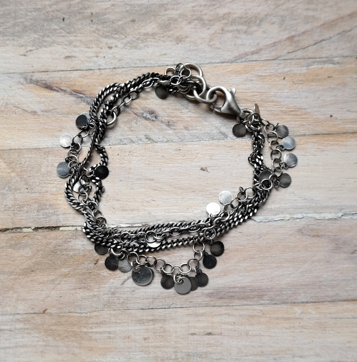 Disc Chains Bracelet, Sterling Silver Disc Jewelry, Multistrand ...