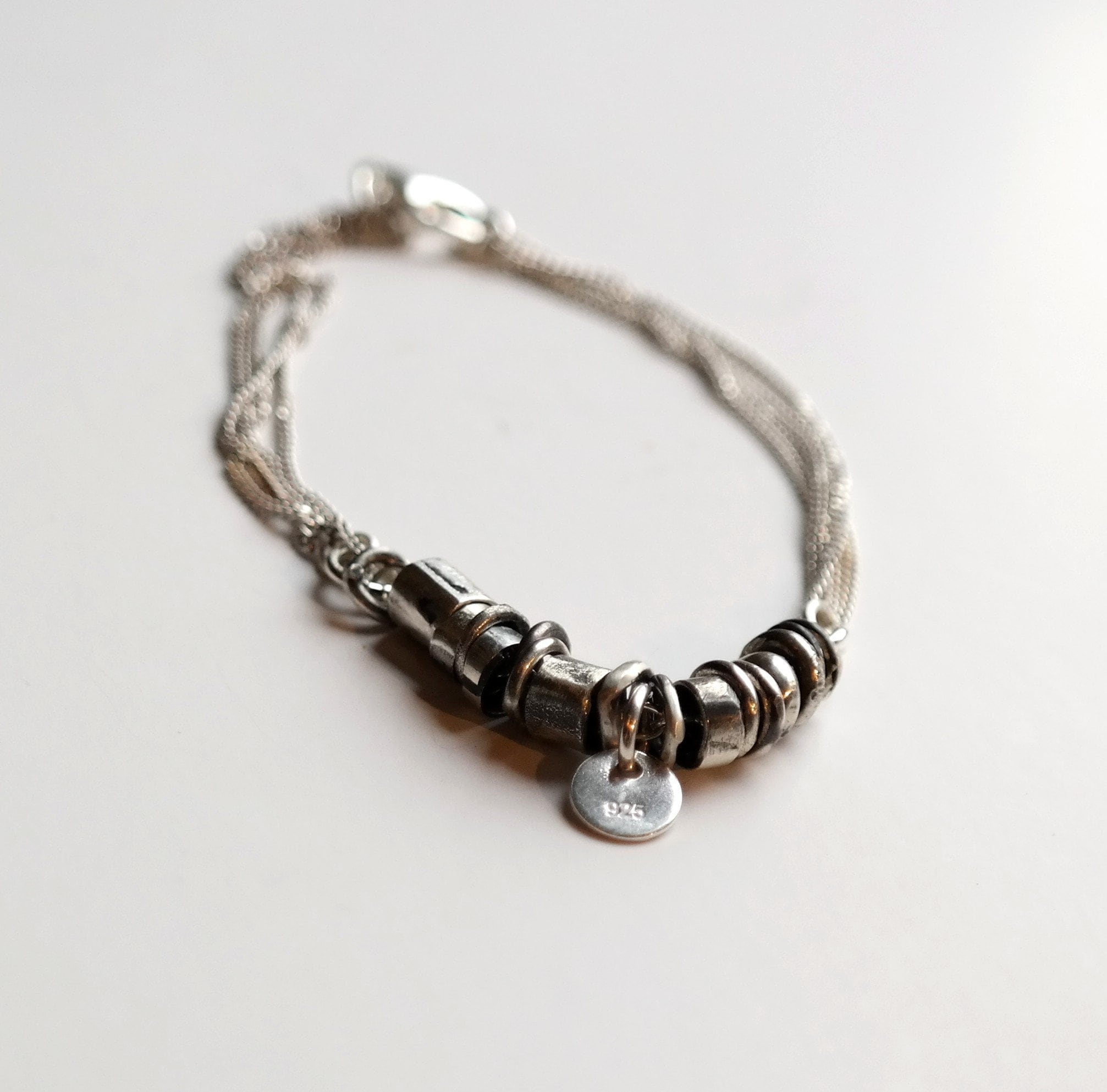Dainty Silver Bracelet With Handmade Rings, Thin Chain Bracelet ...