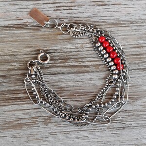 Red Beads Bracelet, Sterling Silver Ball Chain, Multi Strand Bracelet ...