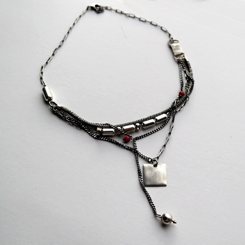 Sterling Silver Necklace Square Pendant Necklace Red Balls - Etsy