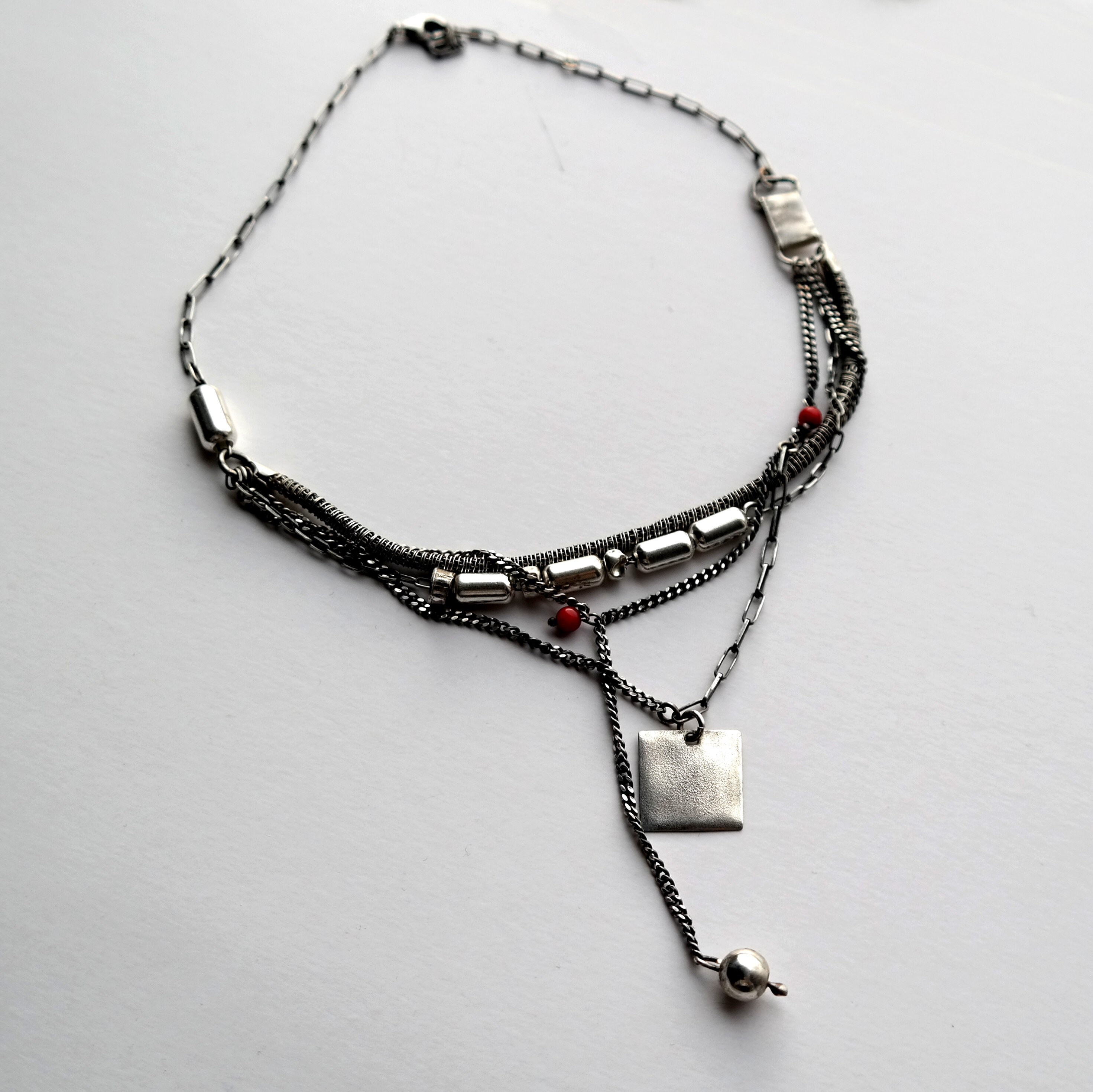 Sterling Silver Necklace Square Pendant Necklace Red Balls - Etsy