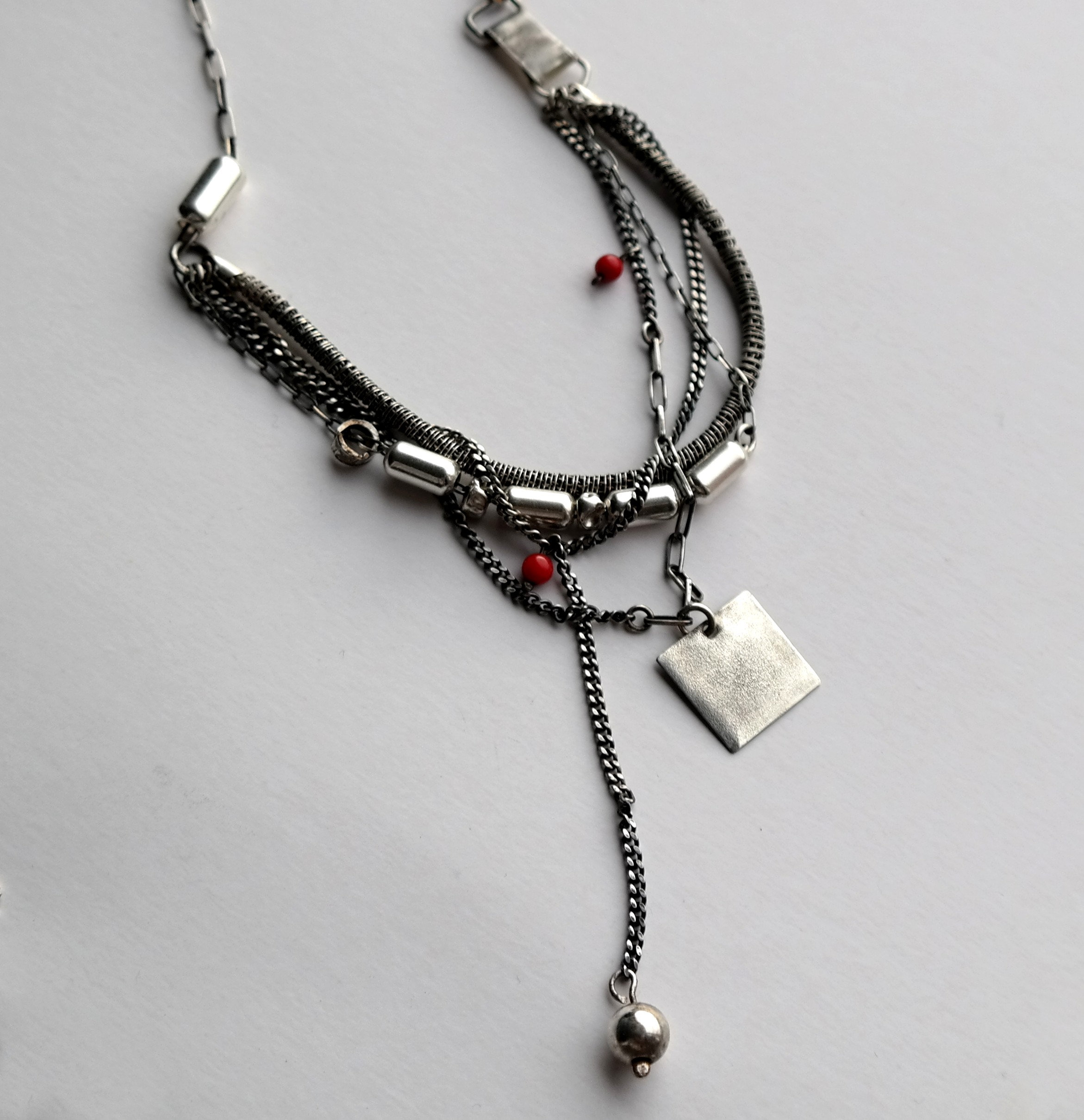 Sterling Silver Necklace Square Pendant Necklace Red Balls - Etsy