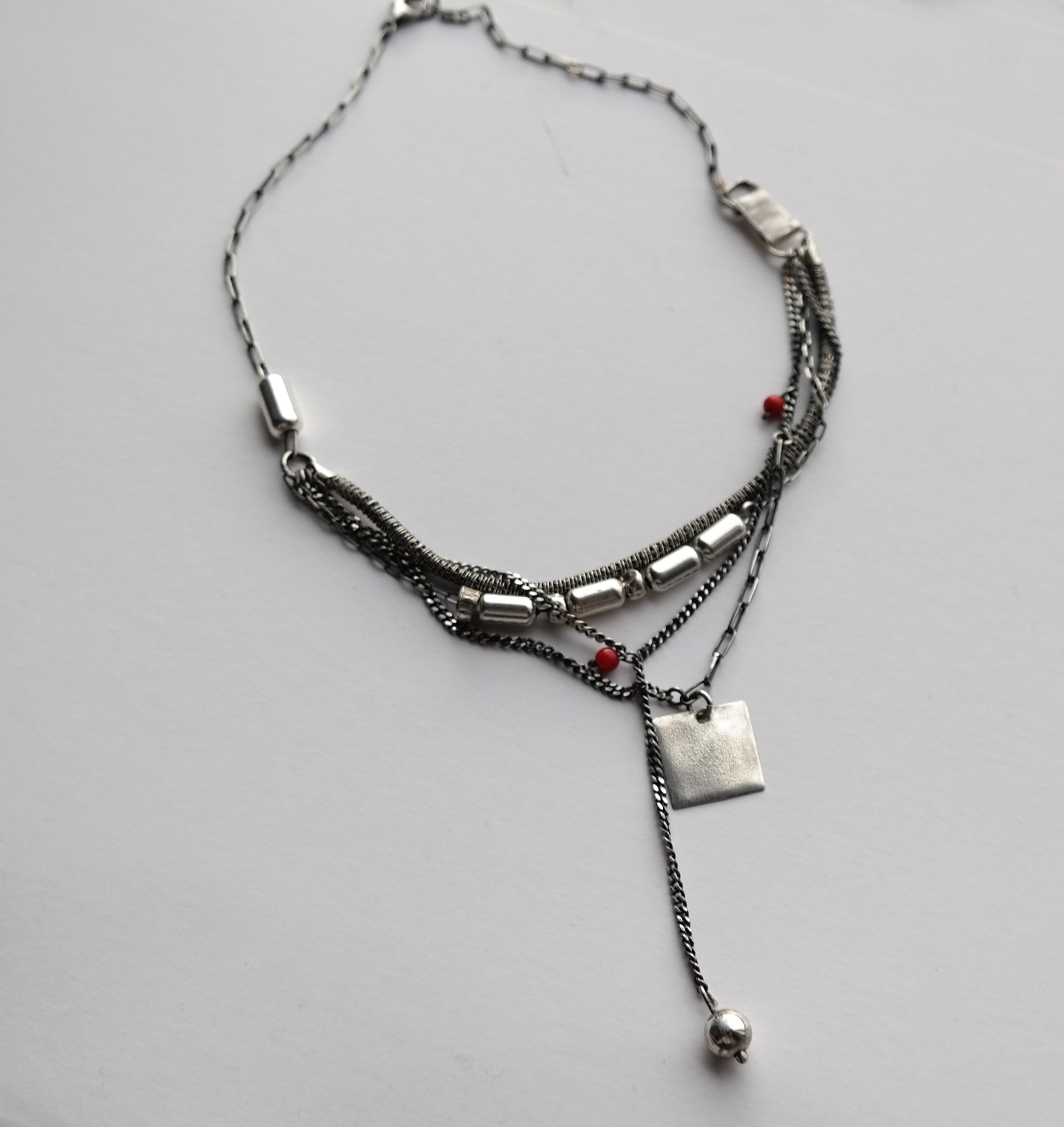 Sterling Silver Necklace Square Pendant Necklace Red Balls - Etsy