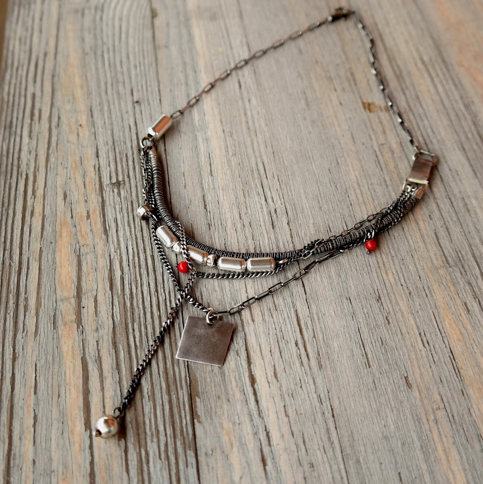 Sterling Silver Necklace Square Pendant Necklace Red Balls - Etsy