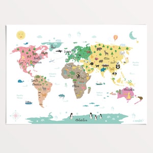 Animal World Map Poster, Kids Print Art, Children's Map, Nursery Wall ...