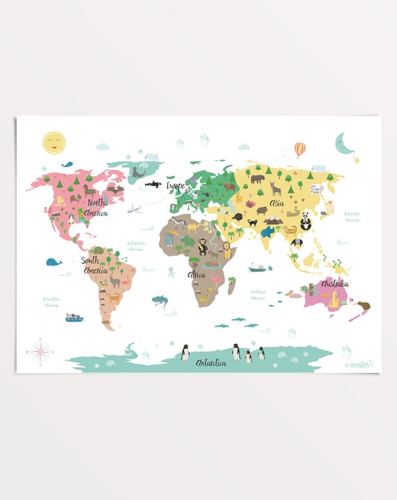 Animal World Map Poster Kids Print Art Children's Map - Etsy